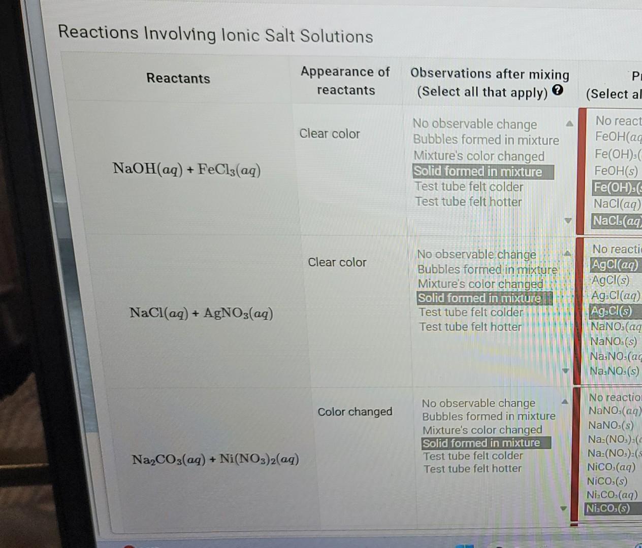 Solved Reactions Involving lonic Salt Solutions | Chegg.com