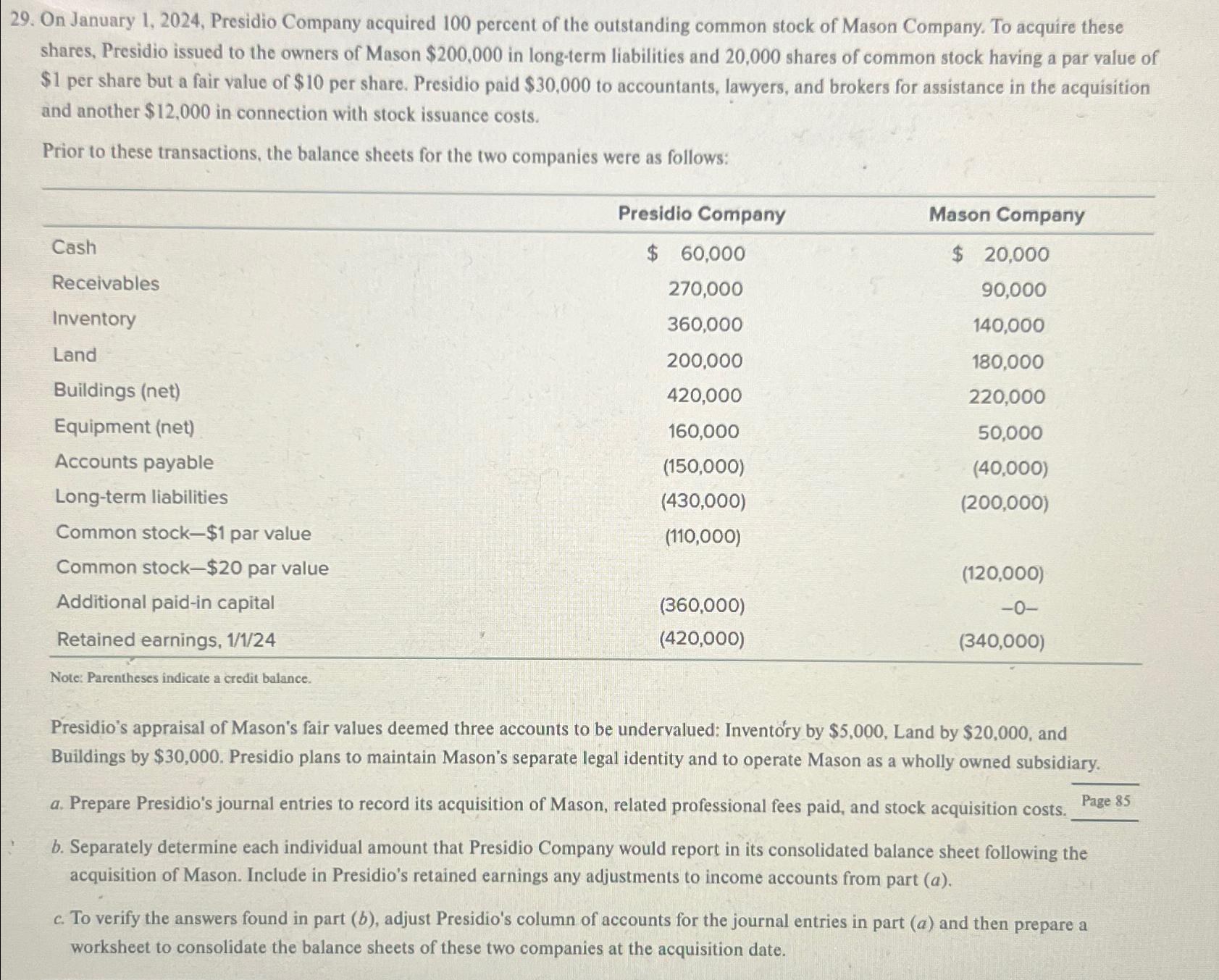 Solved On January 1, 2024, ﻿Presidio Company acquired 100 | Chegg.com