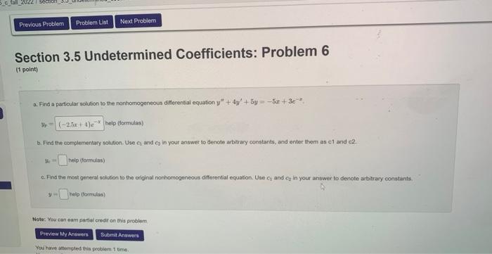 Solved Section 3.5 Undetermined Coefficients: Problem 6 (1 | Chegg.com