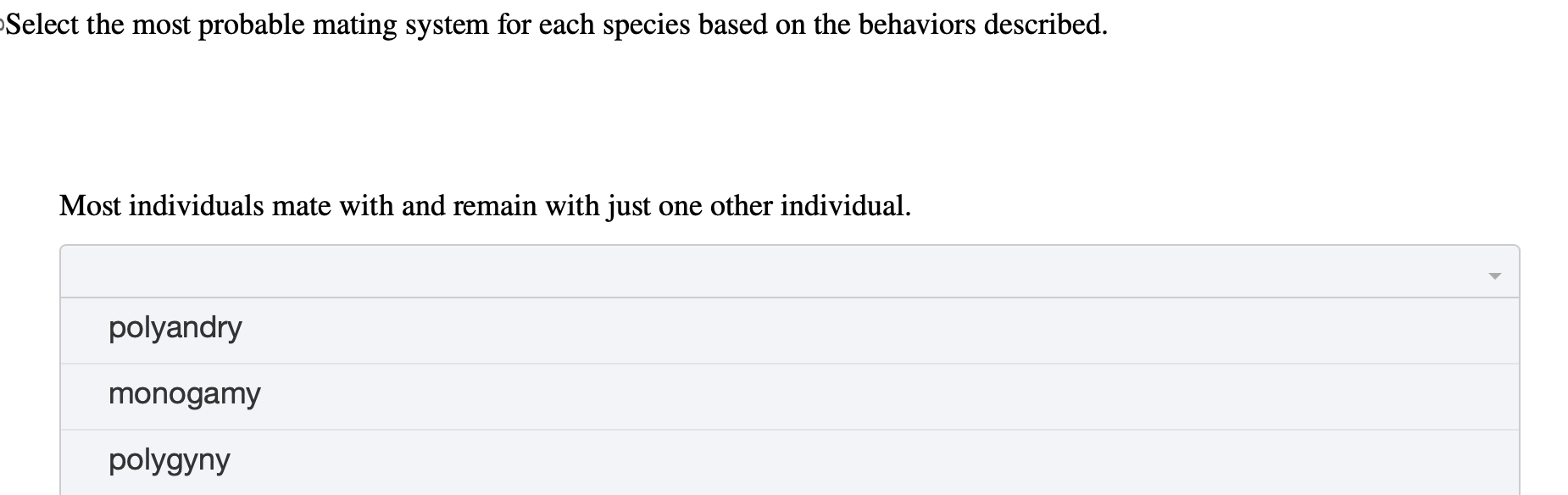 Solved Select the most probable mating system for each | Chegg.com