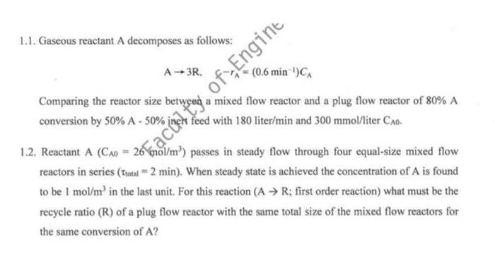 Solved 1.1. Gaseous reactant A decomposes as follows: A-3R | Chegg.com