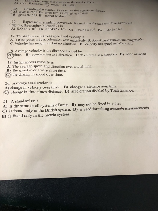 Solved 1. The metrie prefix that means one thousand (10') is | Chegg.com