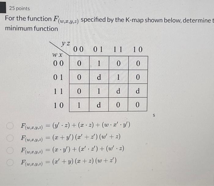 Solved 25 points For the function F(w,x,y,z) specified by | Chegg.com