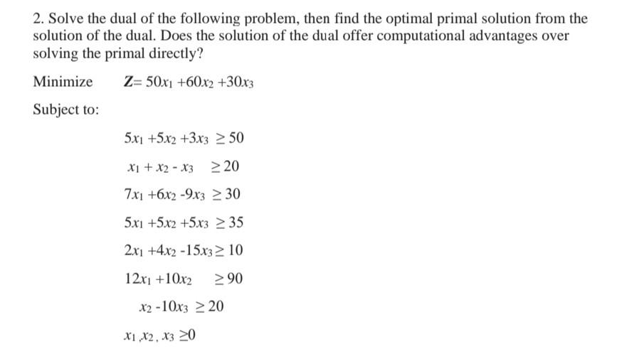 Solved 2. Solve the dual of the following problem, then find | Chegg.com Solved 2. Solve the dual of the following problem, then find | Chegg.com