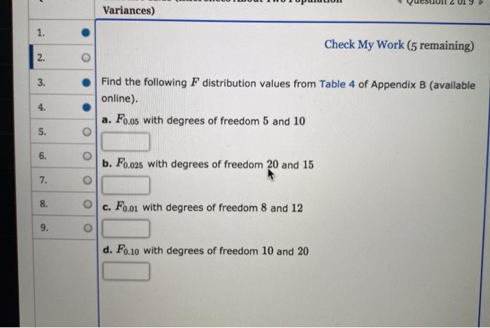 Solved Variances) 1. Check My Work (5 remaining) 2. 3. Find | Chegg.com