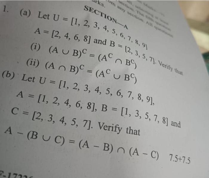 Solved 1. (a) Let U=[1,2,3,4, TN,6,7,8,8] A=[2,4,6,8] and | Chegg.com