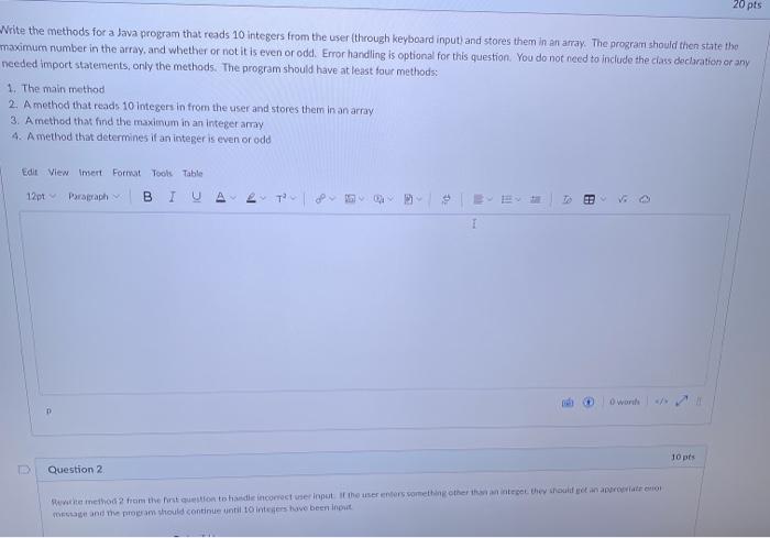 Solved 20 pts Write the methods for a Java program that | Chegg.com