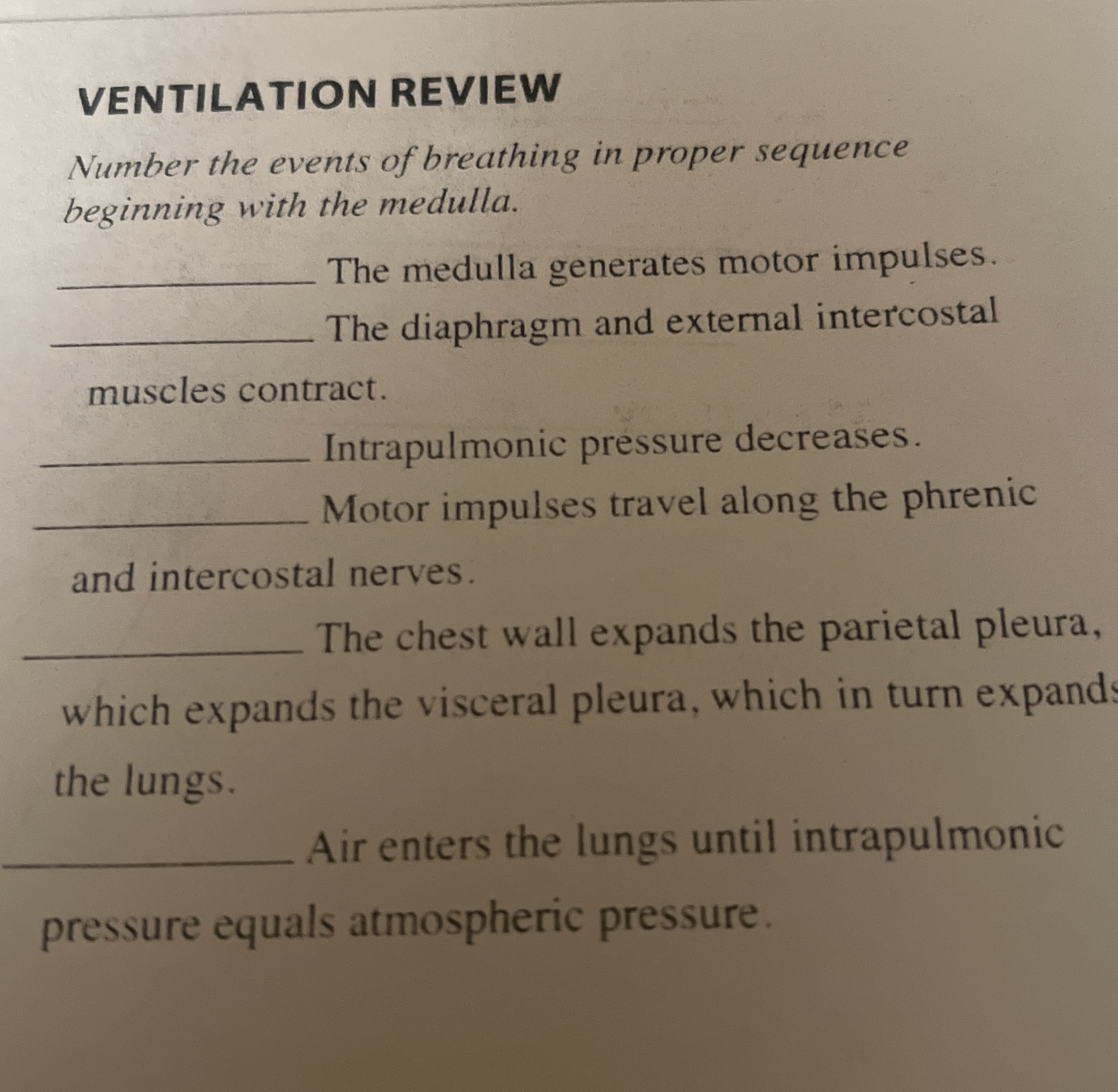 Solved VENTILATION REVIEWNumber the events of breathing in | Chegg.com