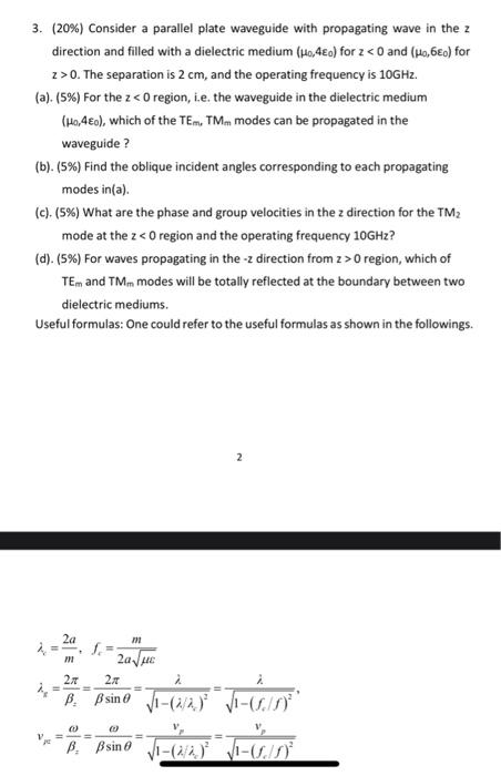 Solved 3. (20%) Consider a parallel plate waveguide with | Chegg.com