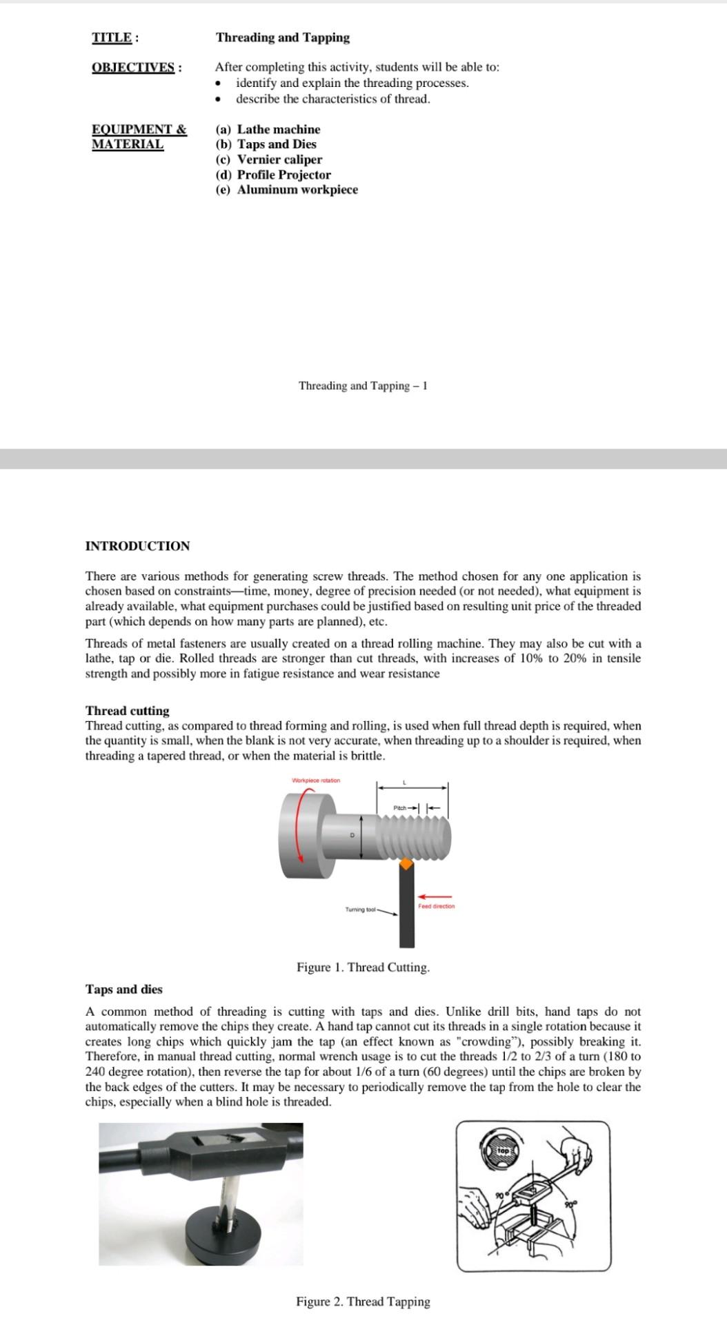 Solved TITLE: Threading and Tapping OBJECTIVES: After | Chegg.com