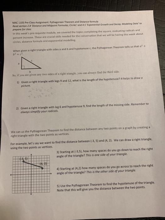 Solved MAC 1105 Pre-Class Assignment: Pythagorean Theorem | Chegg.com
