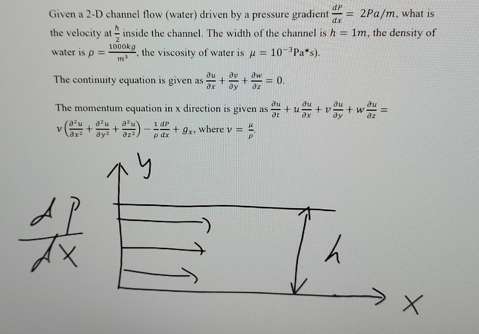 Solved Given a 2-D channel flow (water) driven by a pressure | Chegg.com
