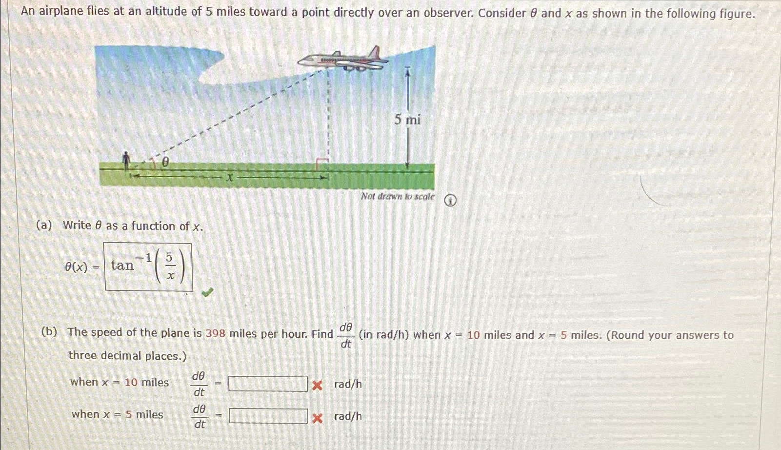 Solved An airplane flies at an altitude of 5 ﻿miles toward a | Chegg.com