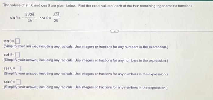 Solved The values of sin 0 and cos 0 are given below. Find | Chegg.com