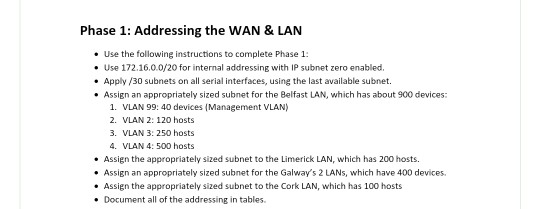 Solved Phase 1: Addressing the WAN & LAN • Use the following | Chegg.com