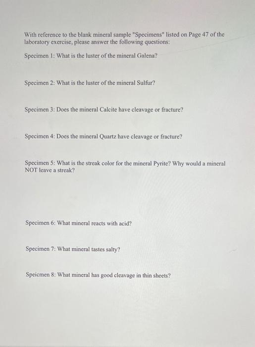 Solved Lab 9: Minerals and Mineral Identification In this | Chegg.com