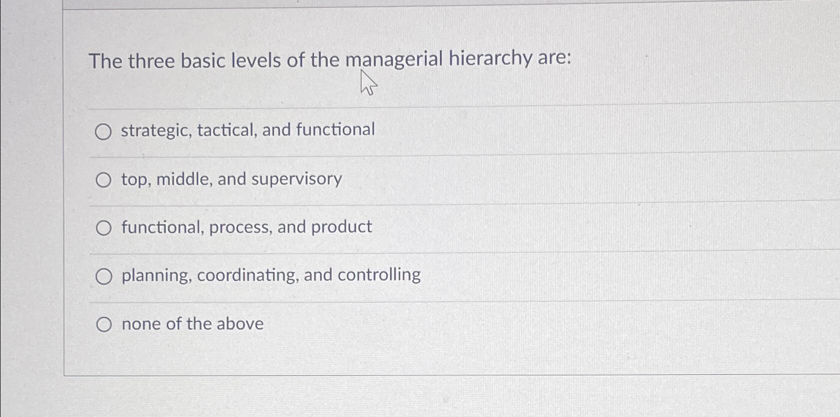 Solved The three basic levels of the managerial hierarchy | Chegg.com