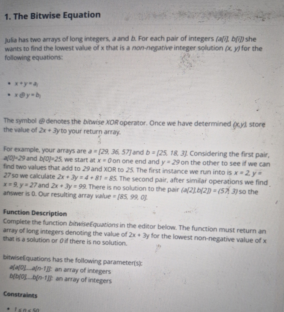 The Bitwise EquationJulia has two arrays of long | Chegg.com