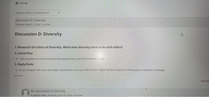 Solved Settings Display replies in nested form Discussion D: | Chegg.com