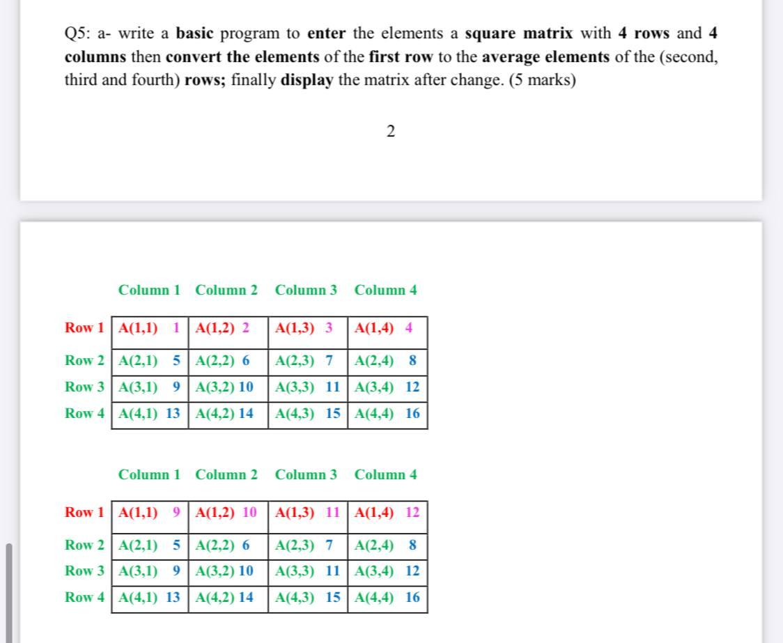 Solved Q5: a- write a basic program to enter the elements a | Chegg.com