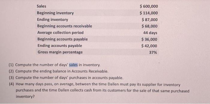 Solved (1) Compute the number of days' sales in inventory. | Chegg.com