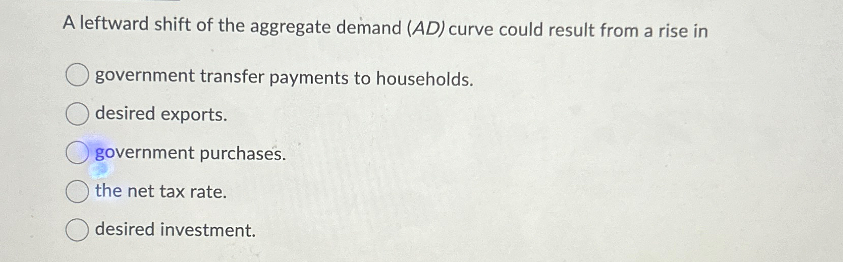 Solved A leftward shift of the aggregate demand (AD) ﻿curve | Chegg.com