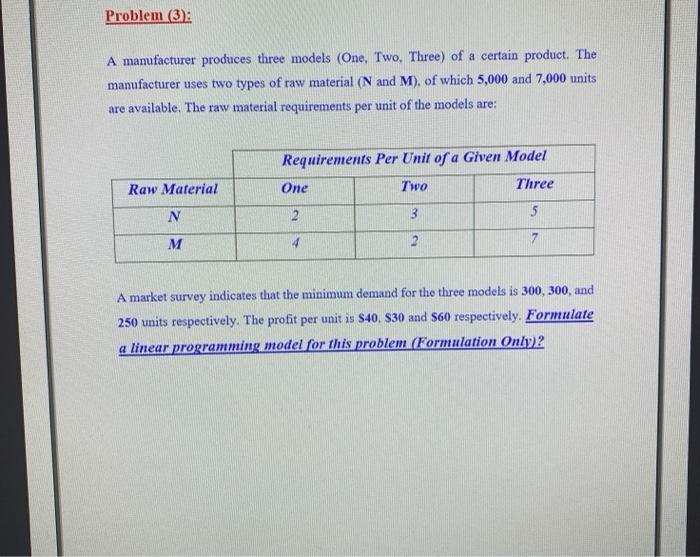 Solved Problem (3): A manufacturer produces three models | Chegg.com