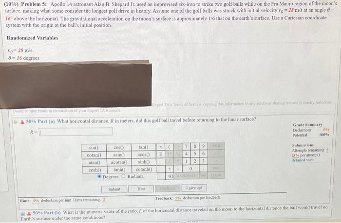 Solved (10\%) Problem 5: Apollo 14 astronaut Alan B. Shepard | Chegg.com