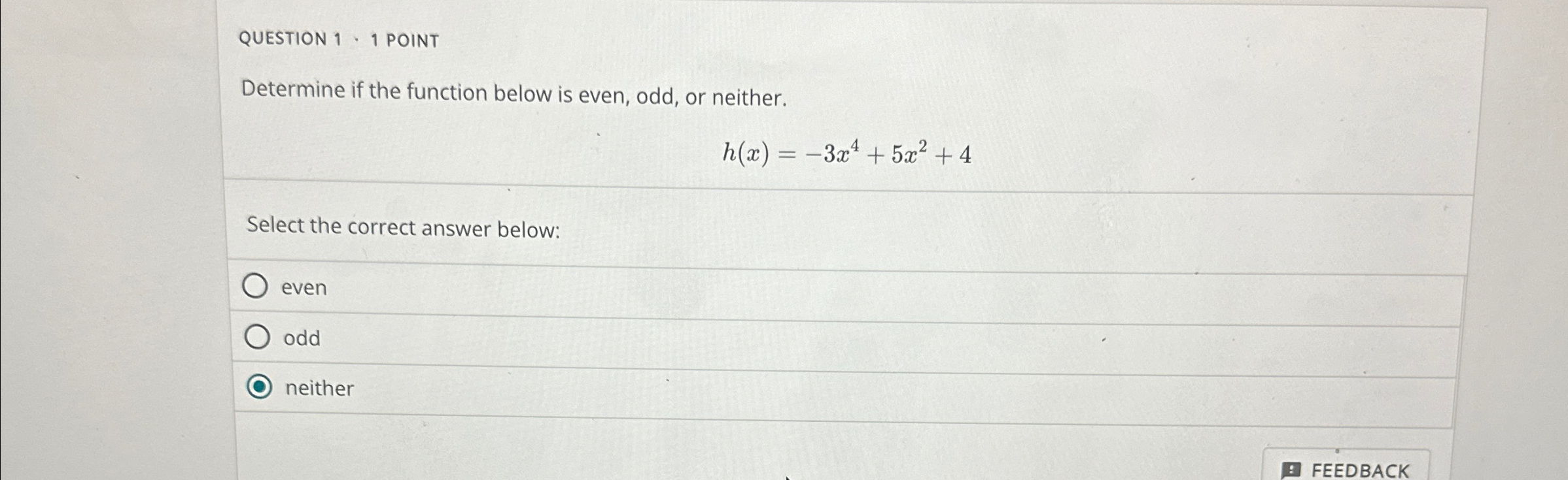 Solved QUESTION 1 - 1 ﻿POINTDetermine if the function below | Chegg.com