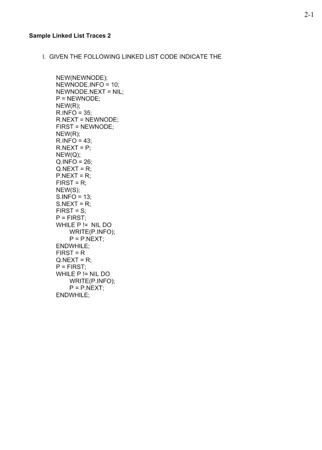 Solved 2-1Sample Linked List Traces 2I. GIVEN THE FOLLOWING | Chegg.com