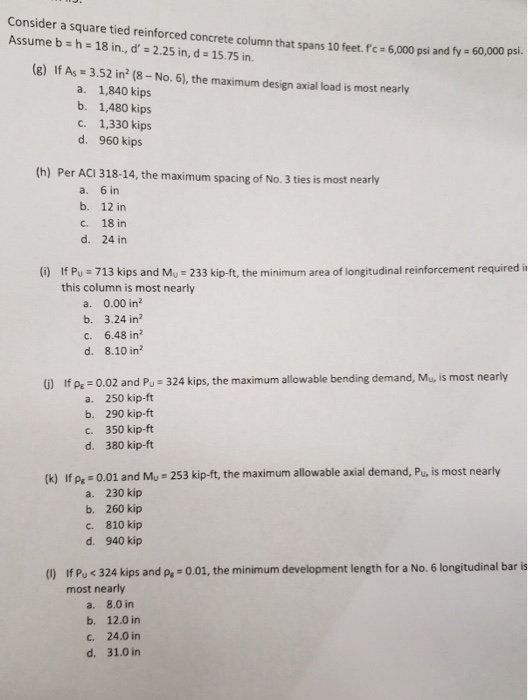 Solved Consider a square tied reinforced concrete column | Chegg.com