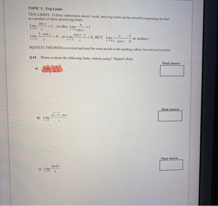 Solved TOPIC 2: Trig Limits TRIG LIMITS: If direct | Chegg.com