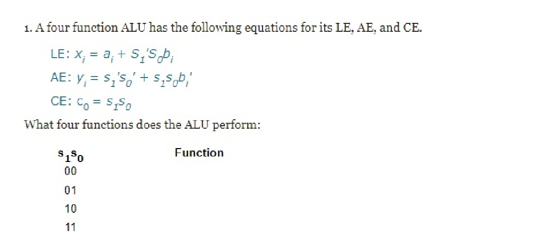 Solved 1. A four function ALU has the following equations | Chegg.com