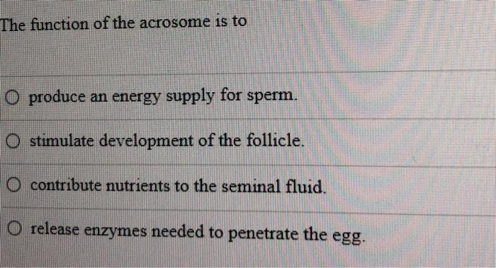 Solved The function of the acrosome is to O produce an | Chegg.com