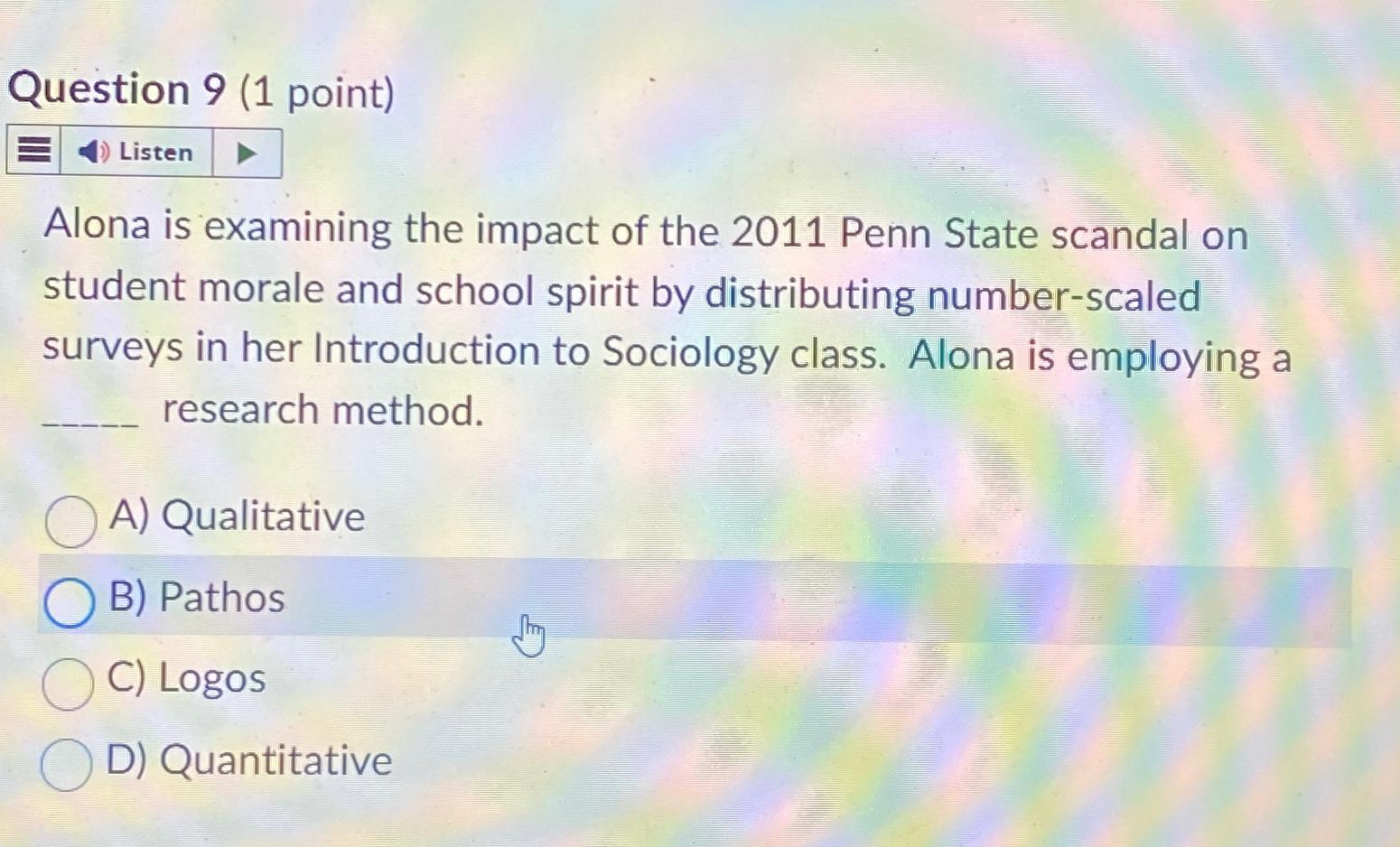 Solved Question 9 (1 ﻿point)Alona is examining the impact of | Chegg.com