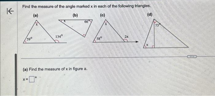 Solved find the measure of the angle marked x in a, b, c, d | Chegg.com
