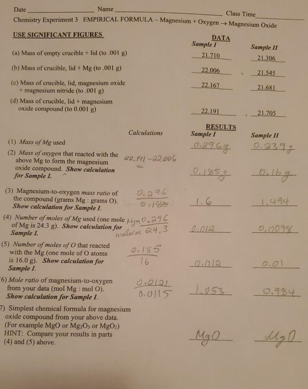 Solved Date Name Class Time Chemistry Experiment 3 EMPIRICAL | Chegg.com