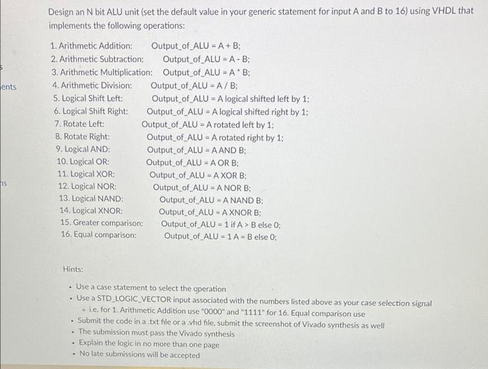 Solved Design an N bit ALU unit set the default value in | Chegg.com