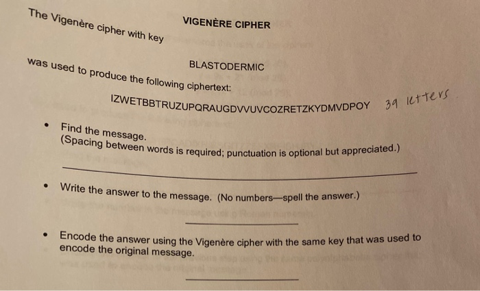 Solved The Vigenère Cipher With Key VigenÈre Cipher Was Used