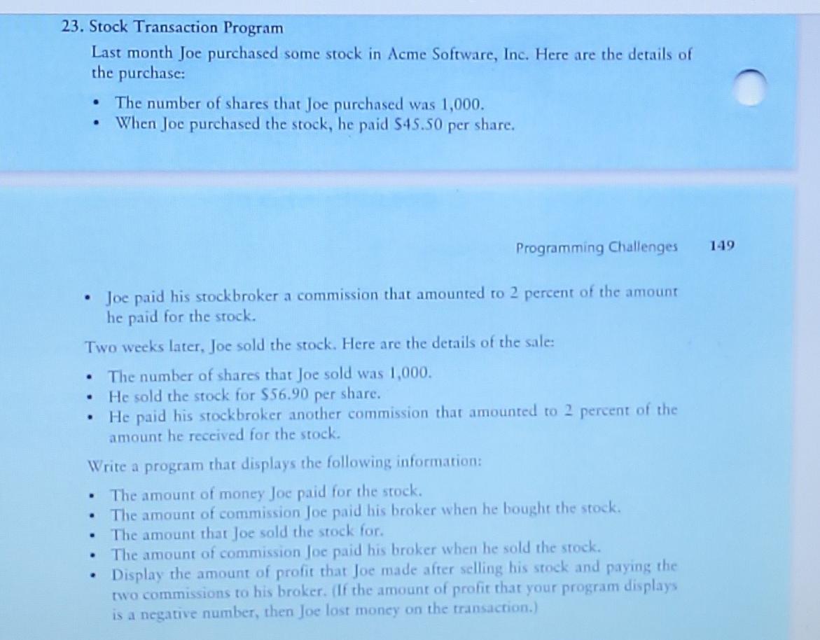 Solved 23 Stock Transaction Program Last Month Joe 