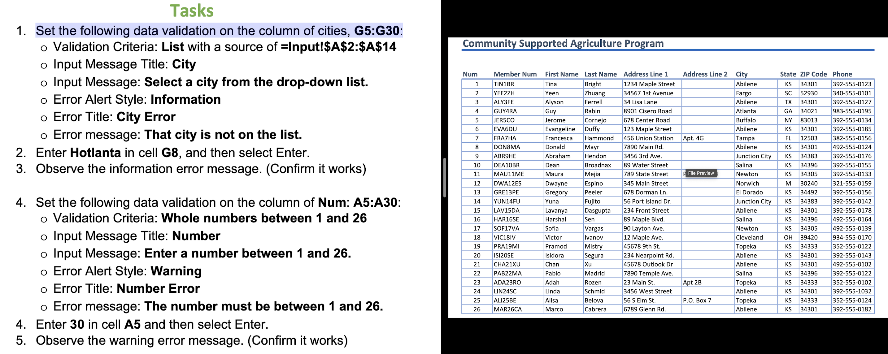 Solved 1. ﻿Set the following data validation on the | Chegg.com