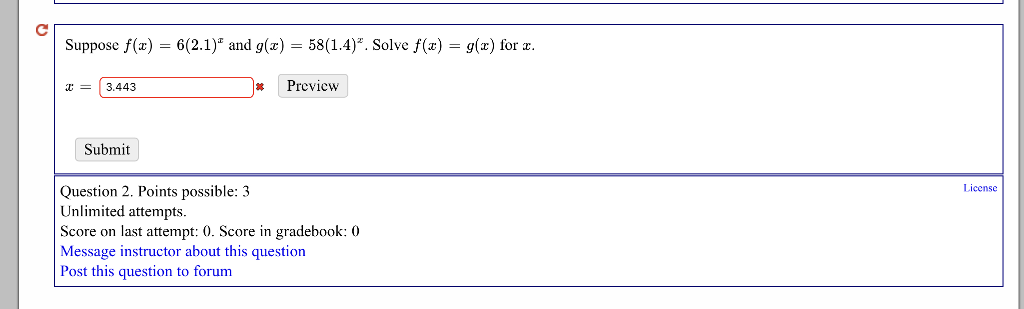 Solved Suppose f(x)=6(2.1)x ﻿and g(x)=58(1.4)x. ﻿Solve | Chegg.com