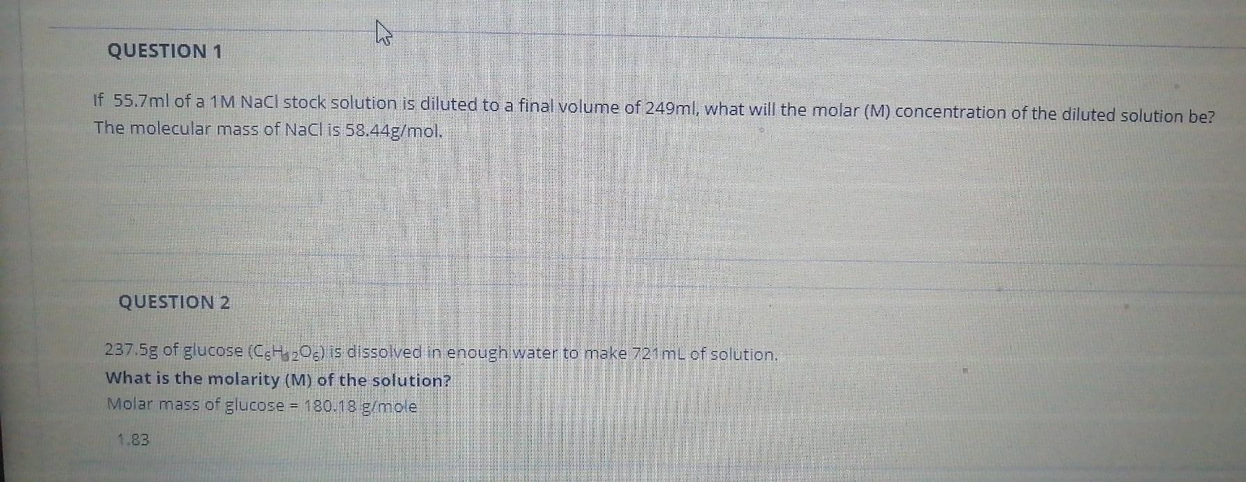 Solved QUESTION 1 If 55.7ml of a 1M NaCl stock solution is | Chegg.com
