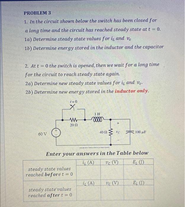 Solved PROBLEM3 1. In the circuit shown below the switch has | Chegg.com
