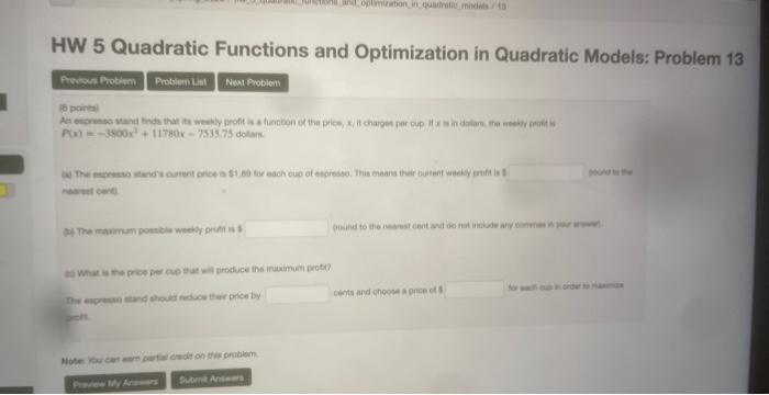 HW 5 Quadratic Functions and Optimization in | Chegg.com