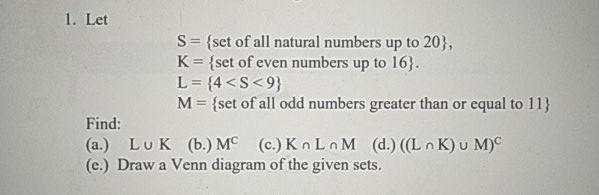 Solved 1. Let S= {set of all natural numbers up to 20), K= | Chegg.com