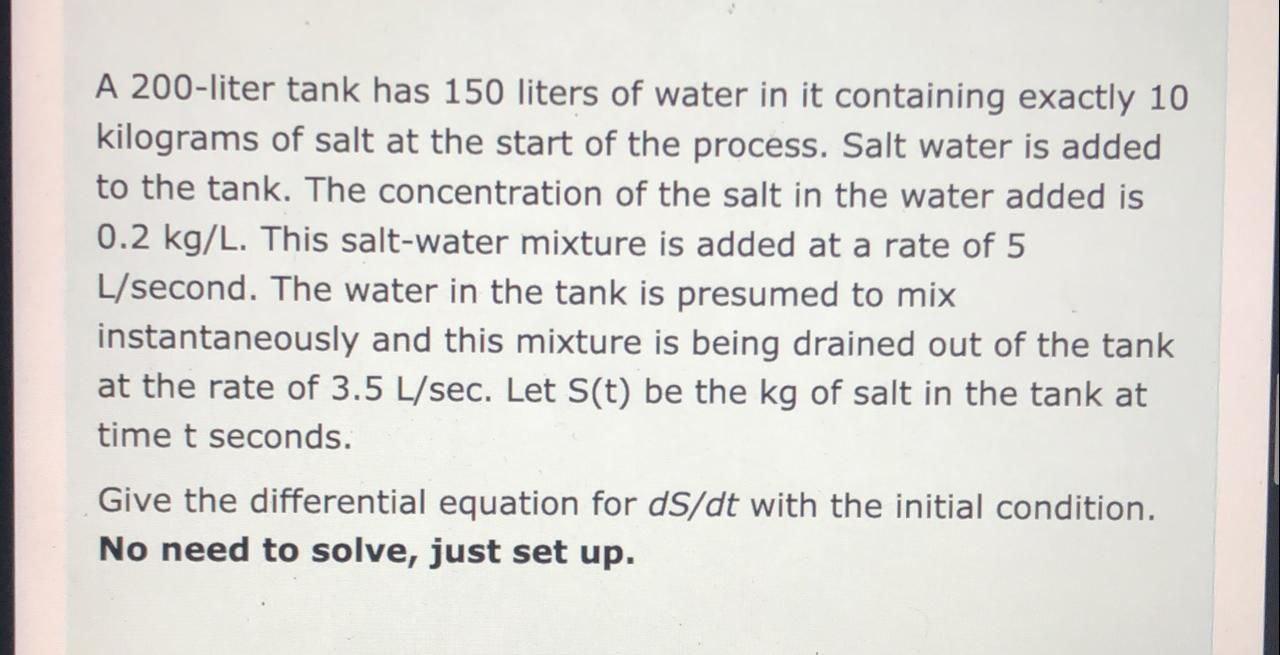 Solved A 200-liter tank has 150 liters of water in it | Chegg.com