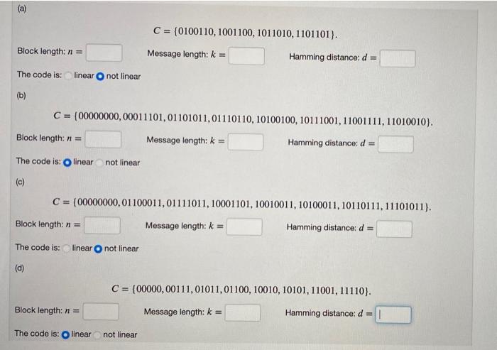 Solved (a) C = {0100110, 1001100, 1011010, 1101101). Block | Chegg.com