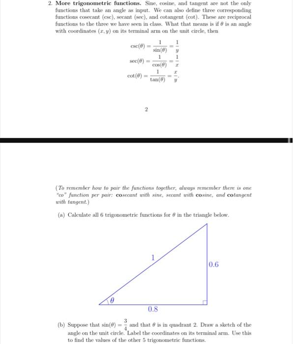 Solved 2. More trigonometric functions. Sine, cosine, and | Chegg.com