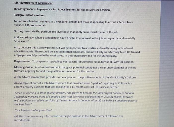 Solved Job Advertisement Assignment This Assignment is to | Chegg.com